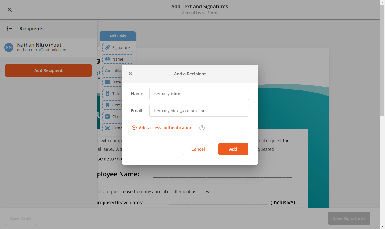 4. Drag and drop the requested signature fields to the appropriate position(s) in the document.