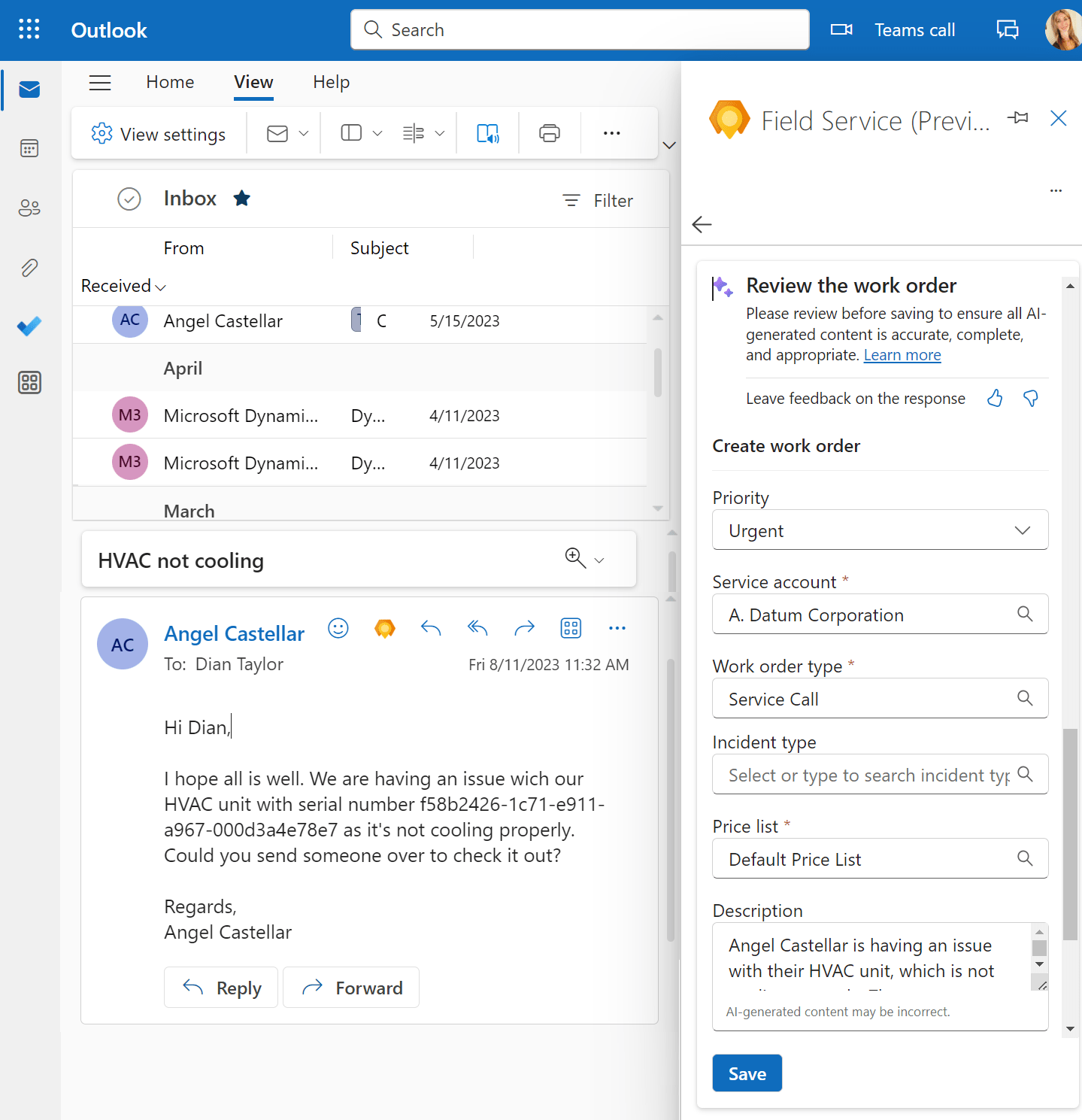 Field Service Copilot – Outlook experience (preview) – Dynamics 365 Talk