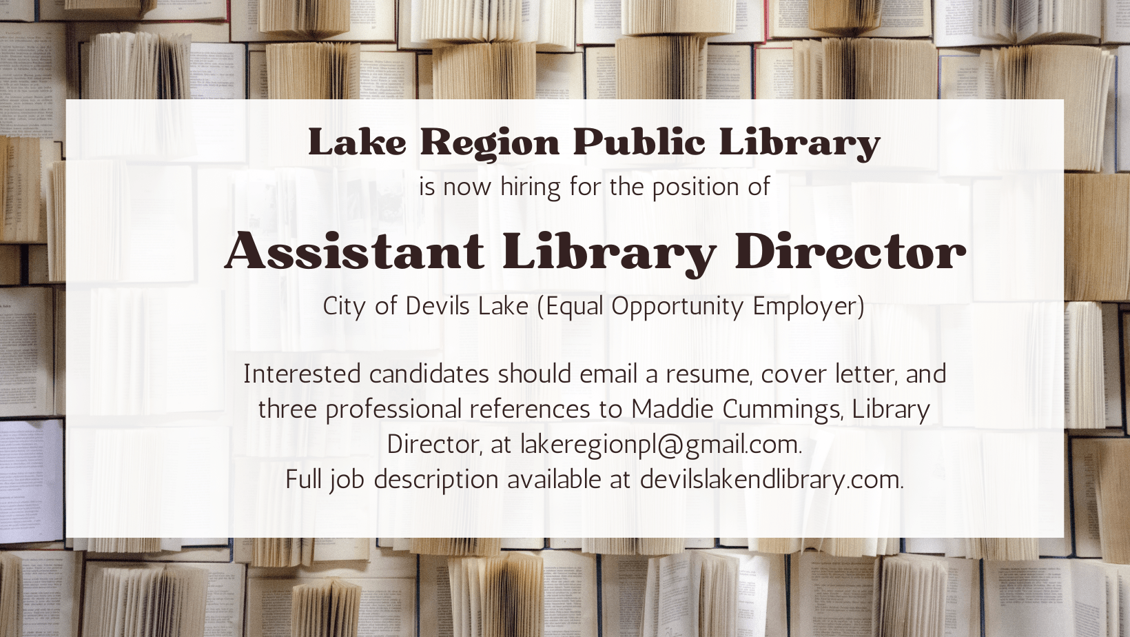 Now Hiring: Assistant Library Director | Lake Region Public Library