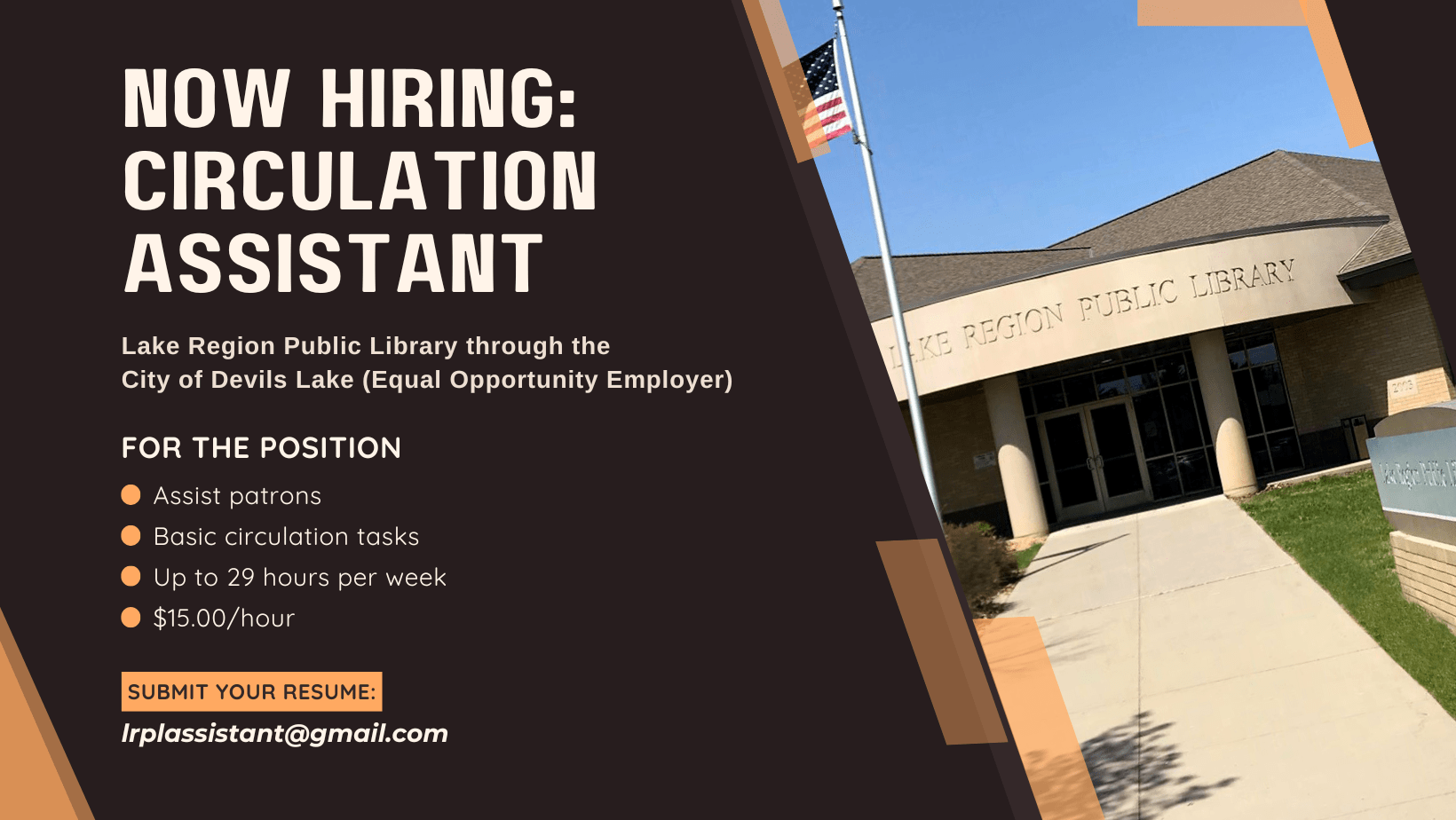 Now Hiring: Part-Time Circulation Assistant | Lake Region Public Library