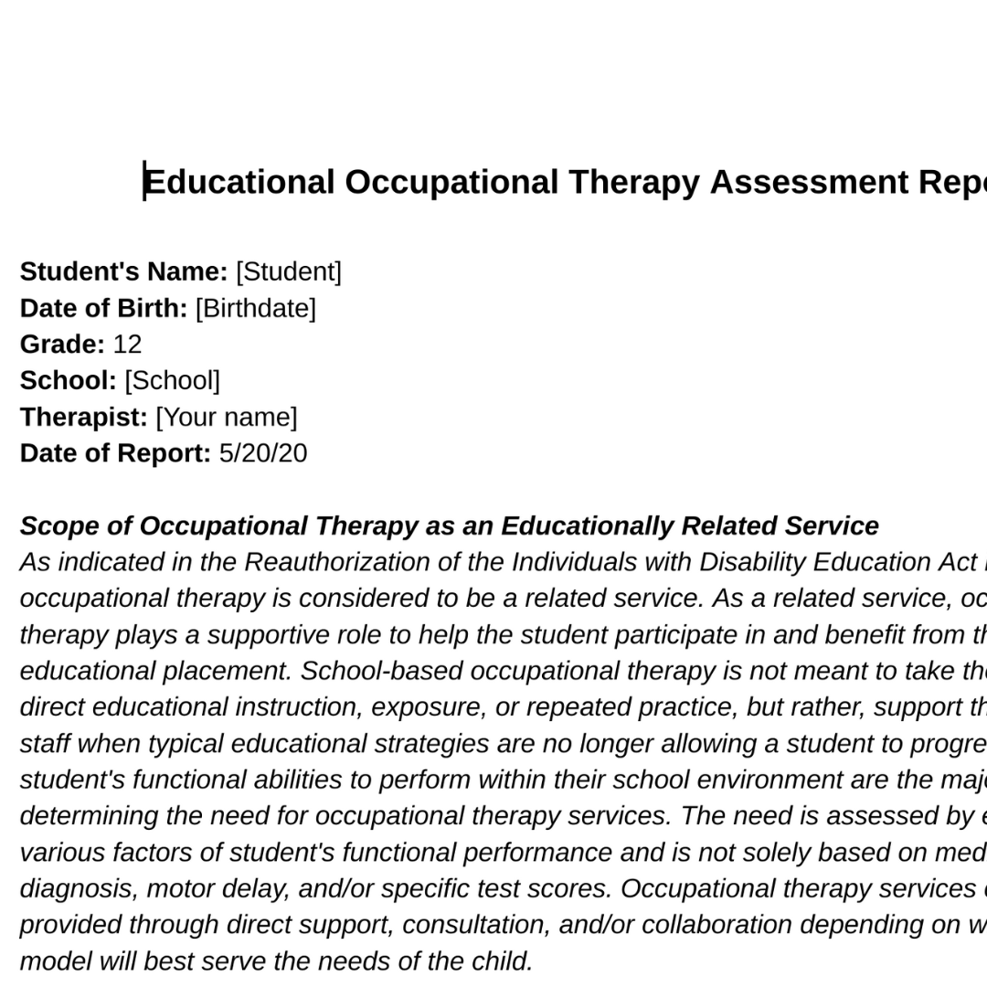 High School and Post-Secondary OT Assessment - Devon Breithart