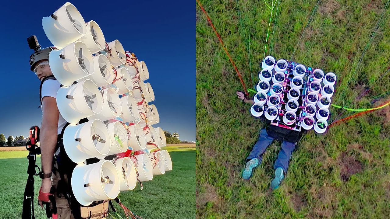 YouTuber builds flying machine with 50 drone motors, 3D printer, duct tape