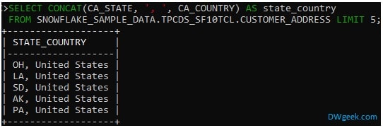 Snowflake Concat Function and Operator - Examples - DWgeek.com