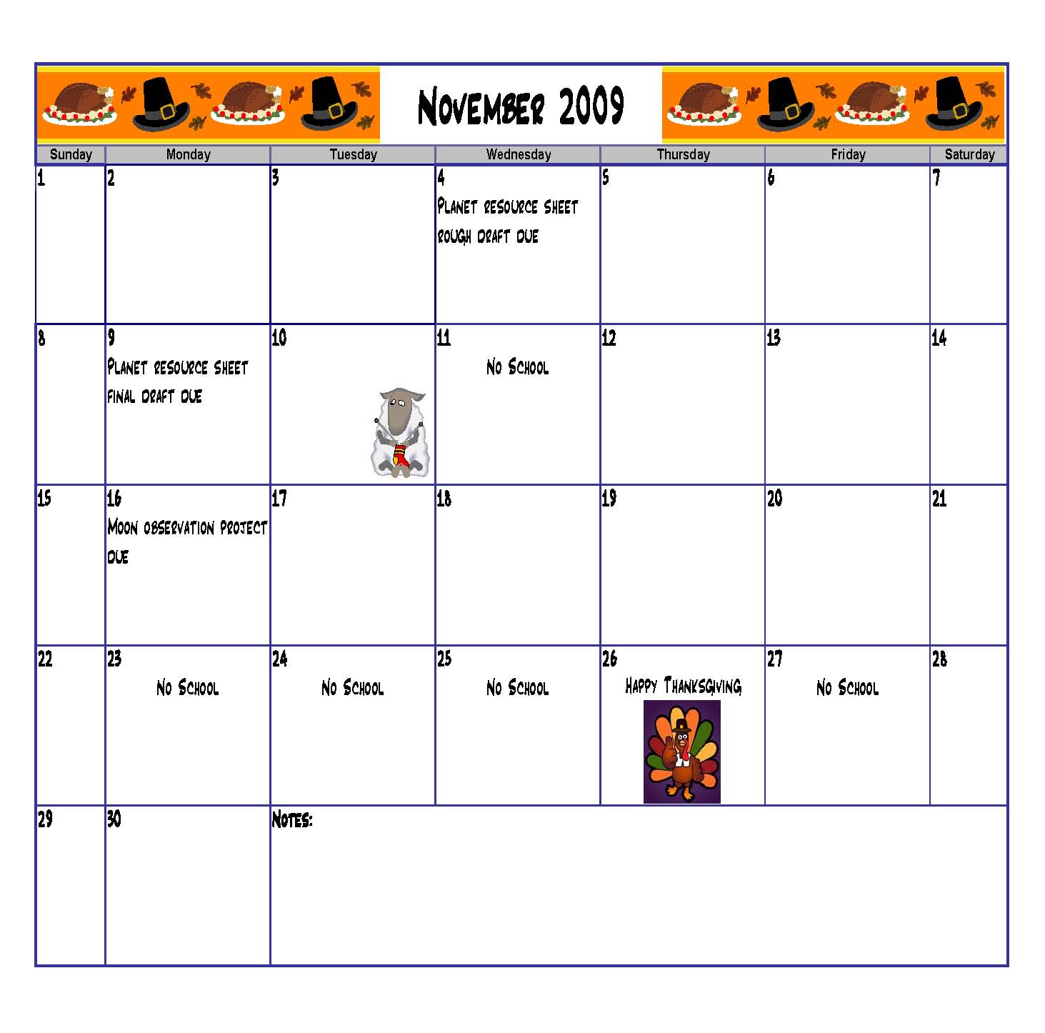 November Calendar | Earth Space Science