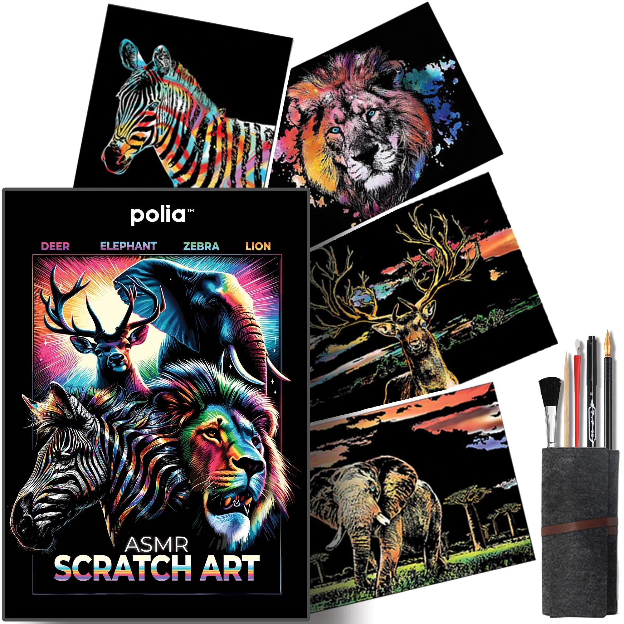 Asmr Satisfying Scratch Art Supplies Kit Animal 4 Pack Lion Zebra