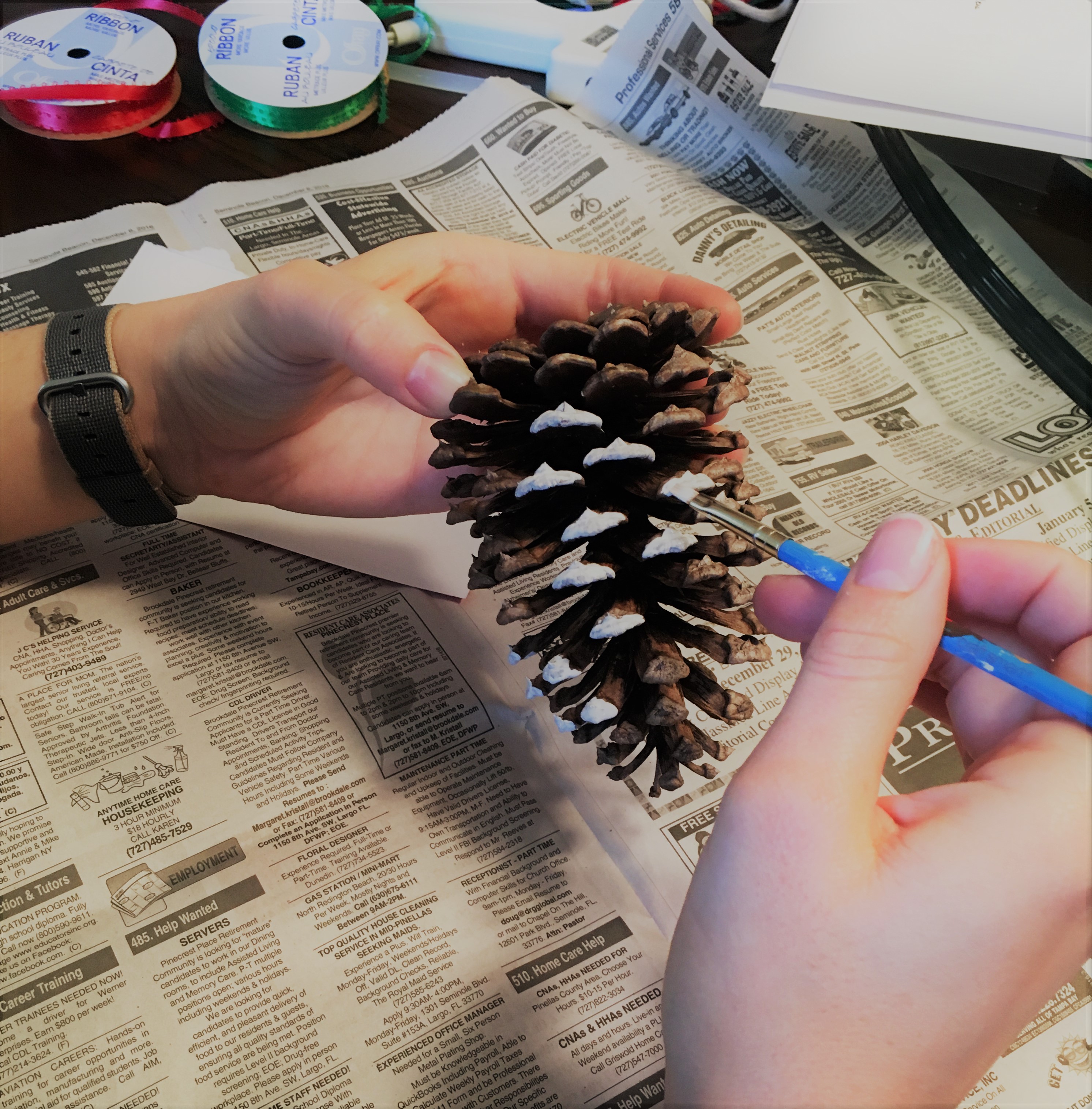 DIY Snowy Pine Cone Ornaments