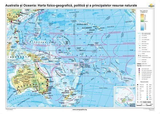 Australia si Oceania. Harta fizico-geografica, politica si a ...