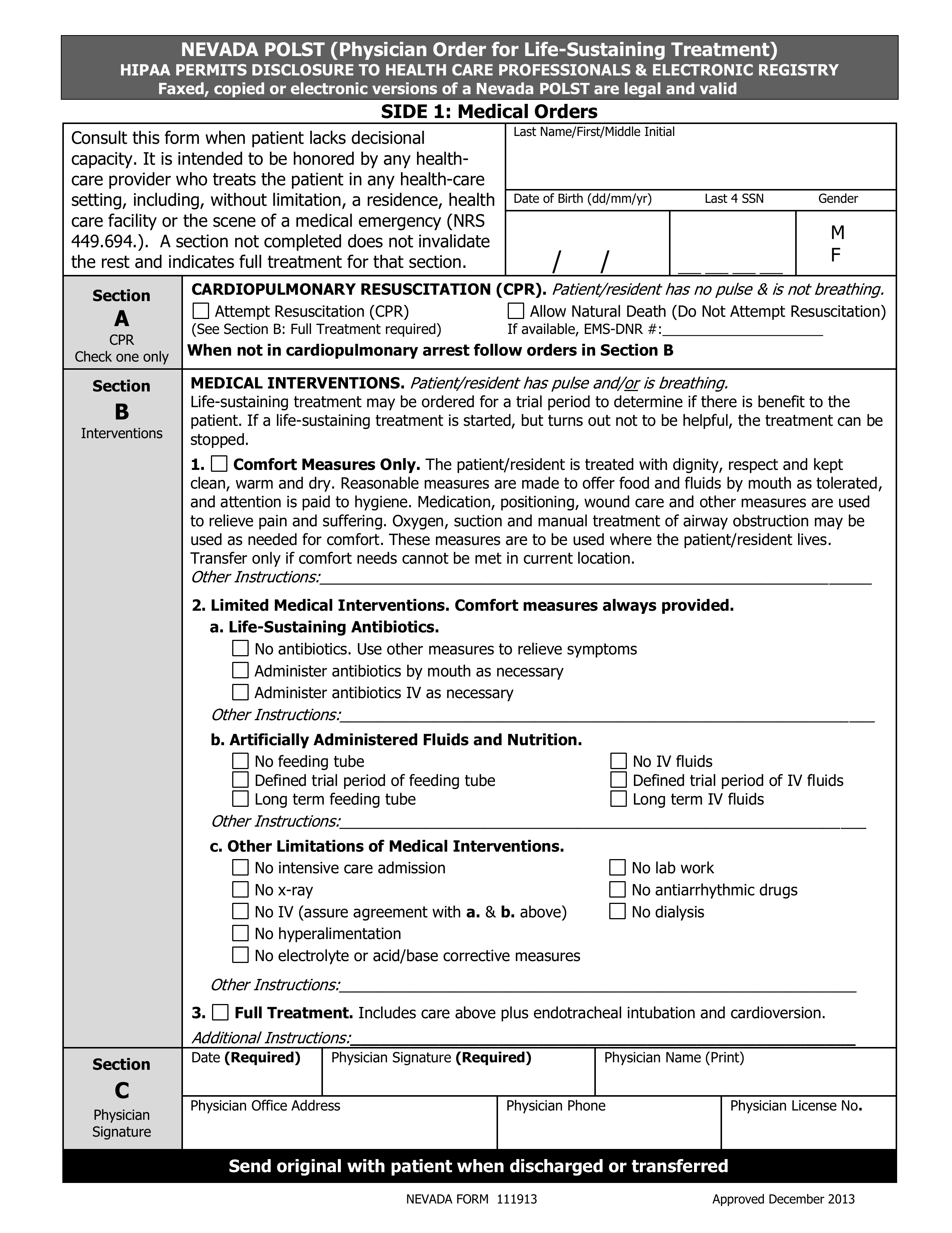 Free Nevada Do Not Resuscitate (DNR) Order Form - PDF – eForms
