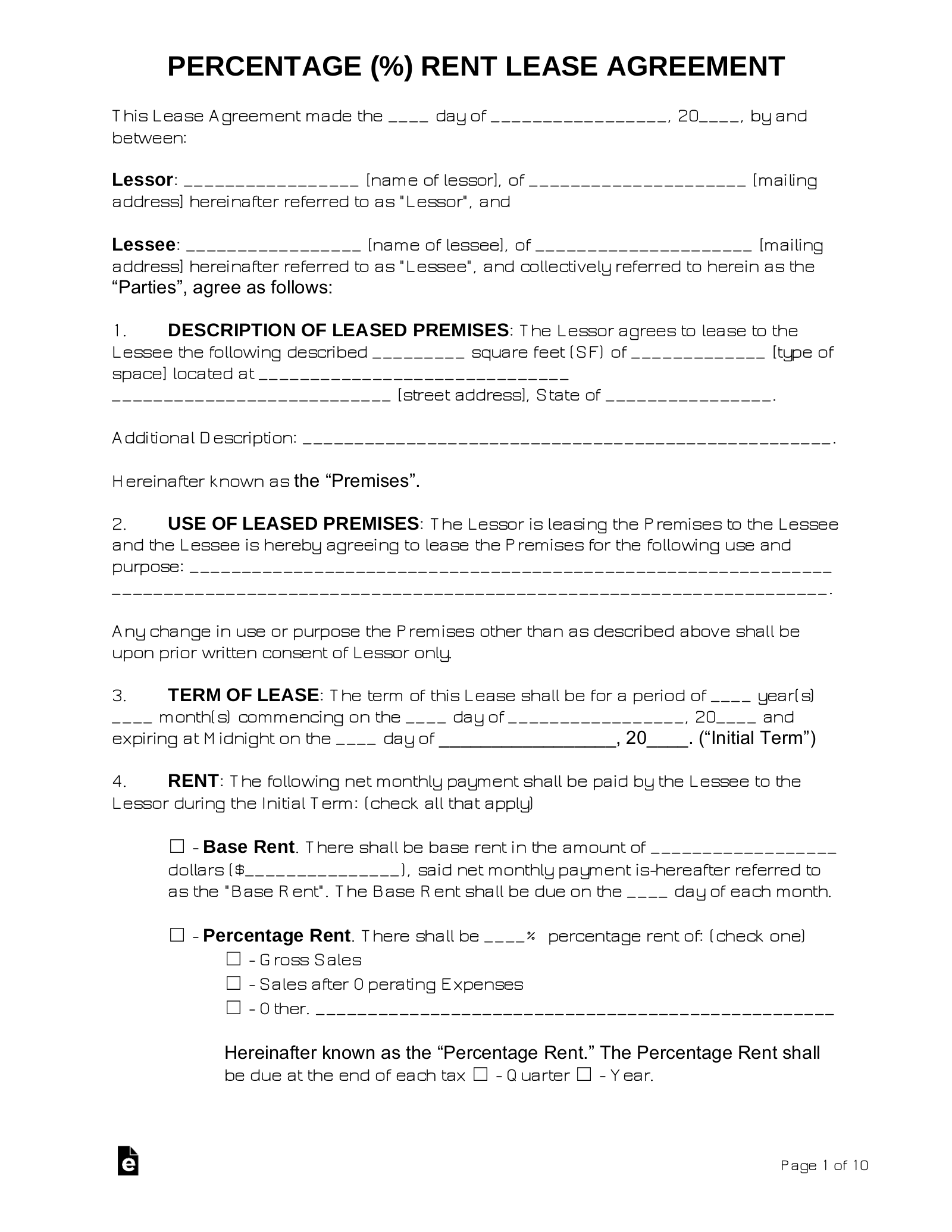 Free Percentage (%) Lease Agreement | Commercial Property - PDF | Word ...