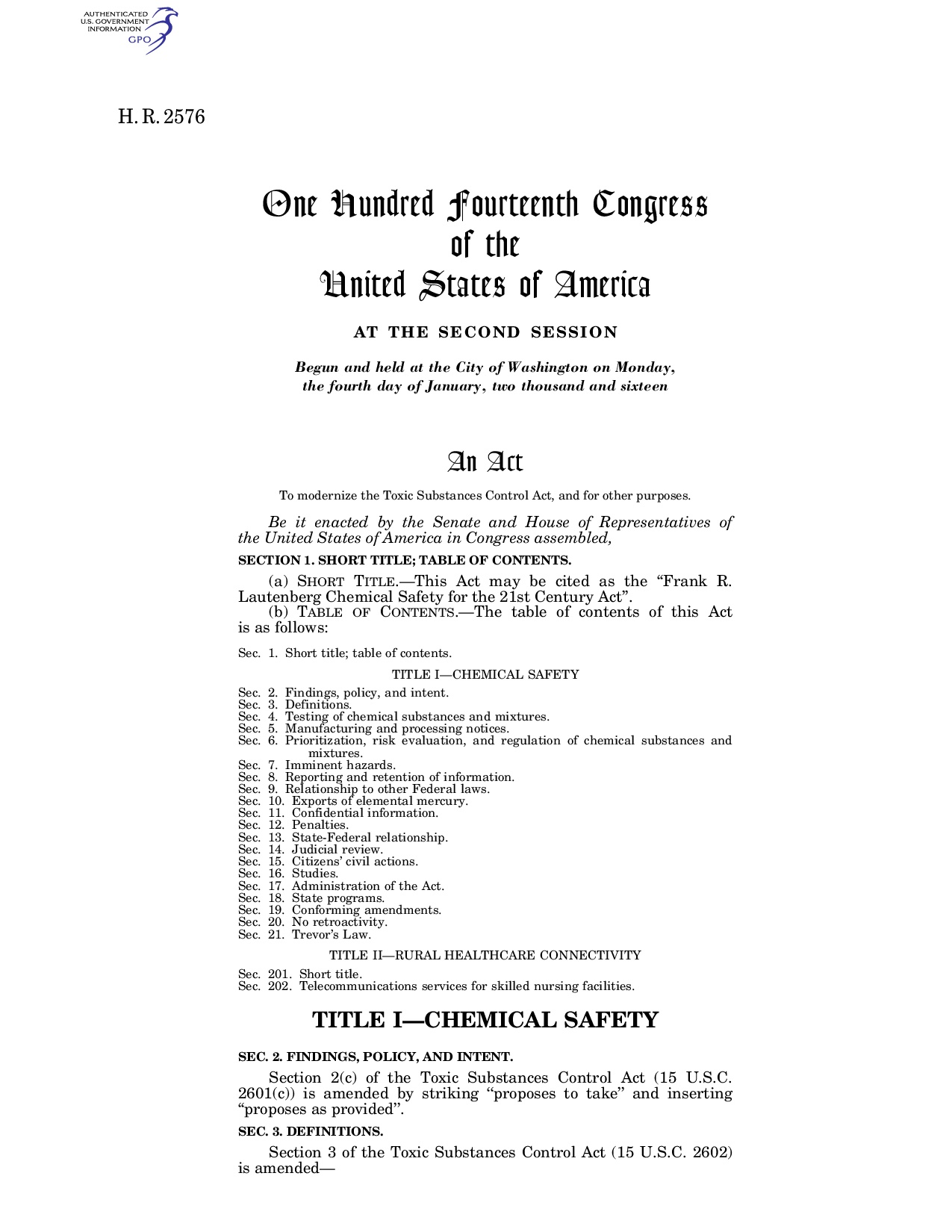Toxic Substances Control Act Of 1976