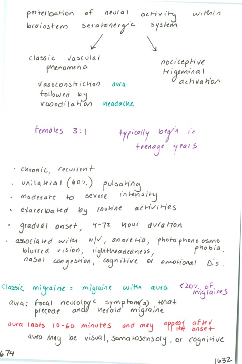 674. Pathophysiology of migraines, clinical features, describe "classic ...