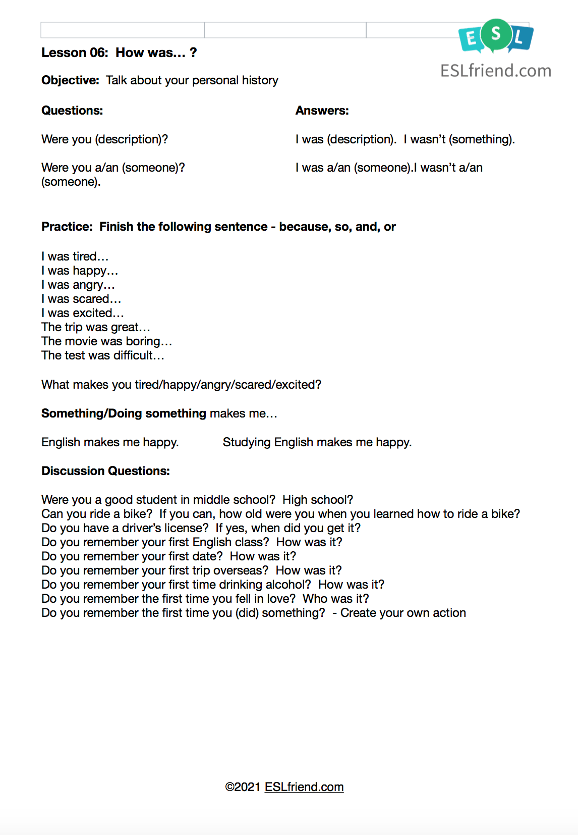 ESL Lessons - Beginner - Free ESL handouts - ESLfriend.com