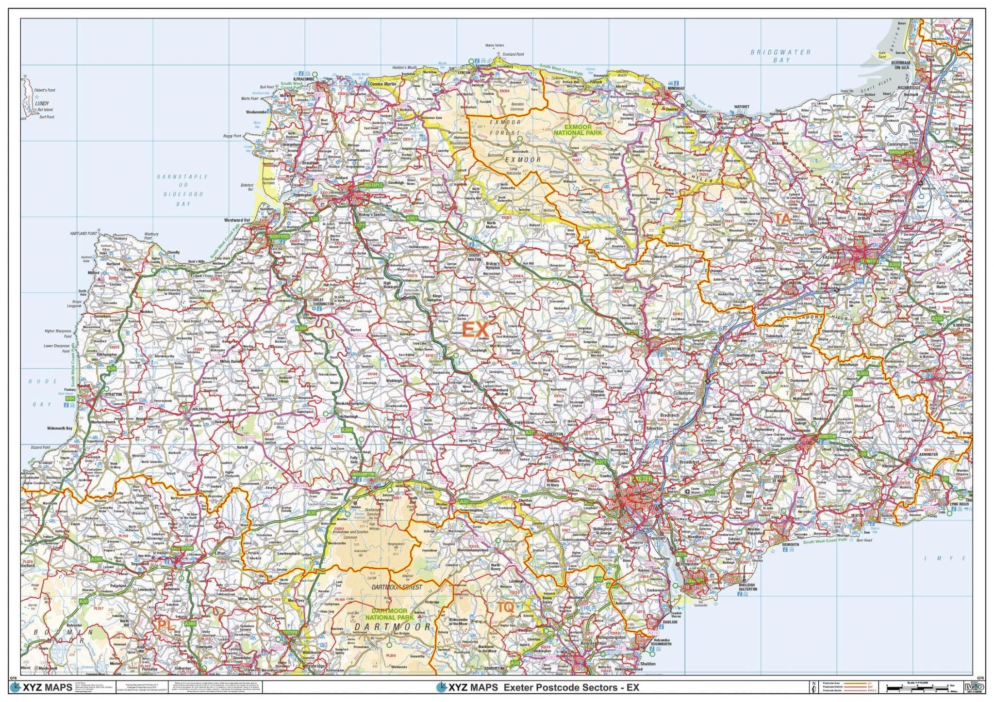Exeter Ex Postcode Sector Wall Map