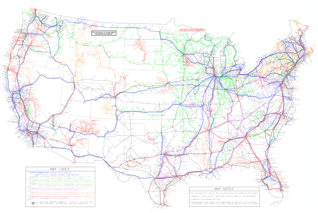 US bus and Amtrak routes [1049x705] : r/MapPorn