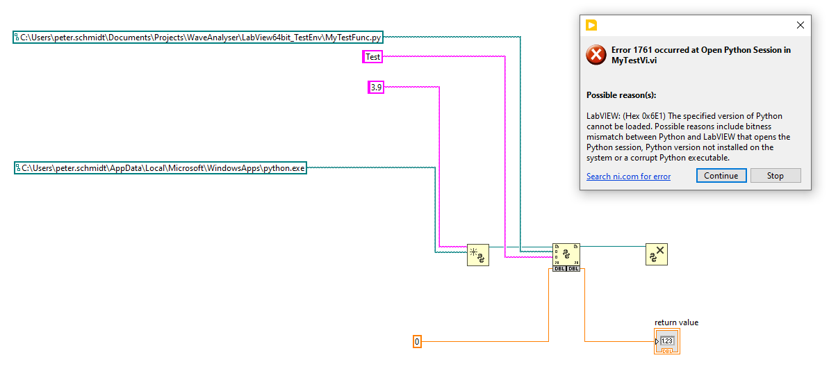 Solved Issue With Python In Labview Errors 1761 Or 1671 Ni Community