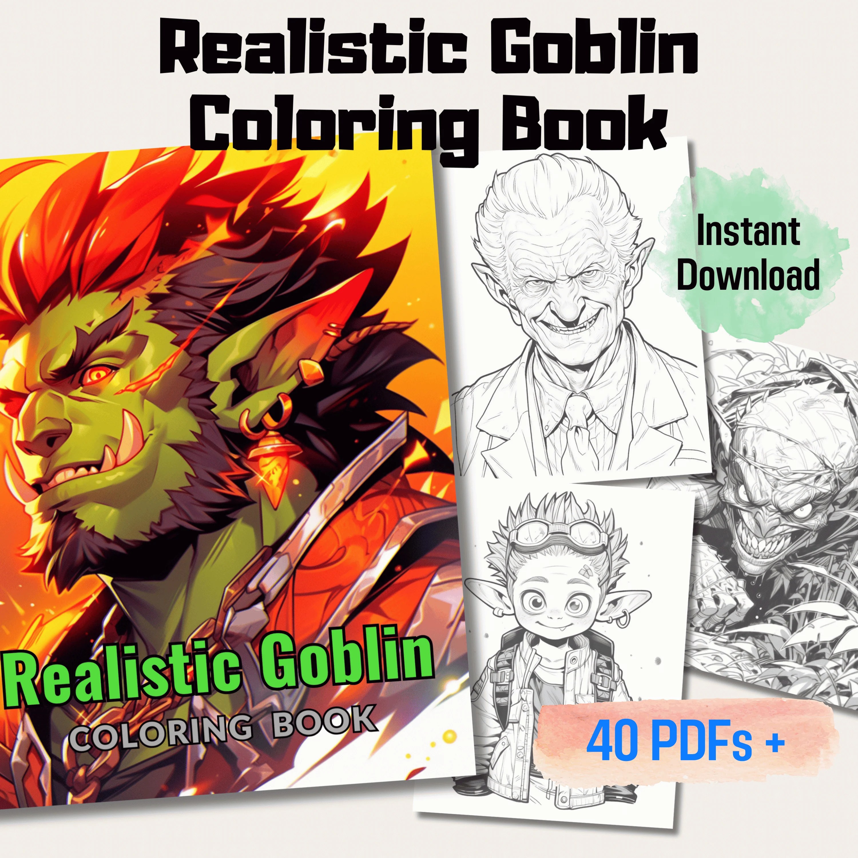 20 Pages Realistic Goblin Grayscale Coloring Book Instant Download P