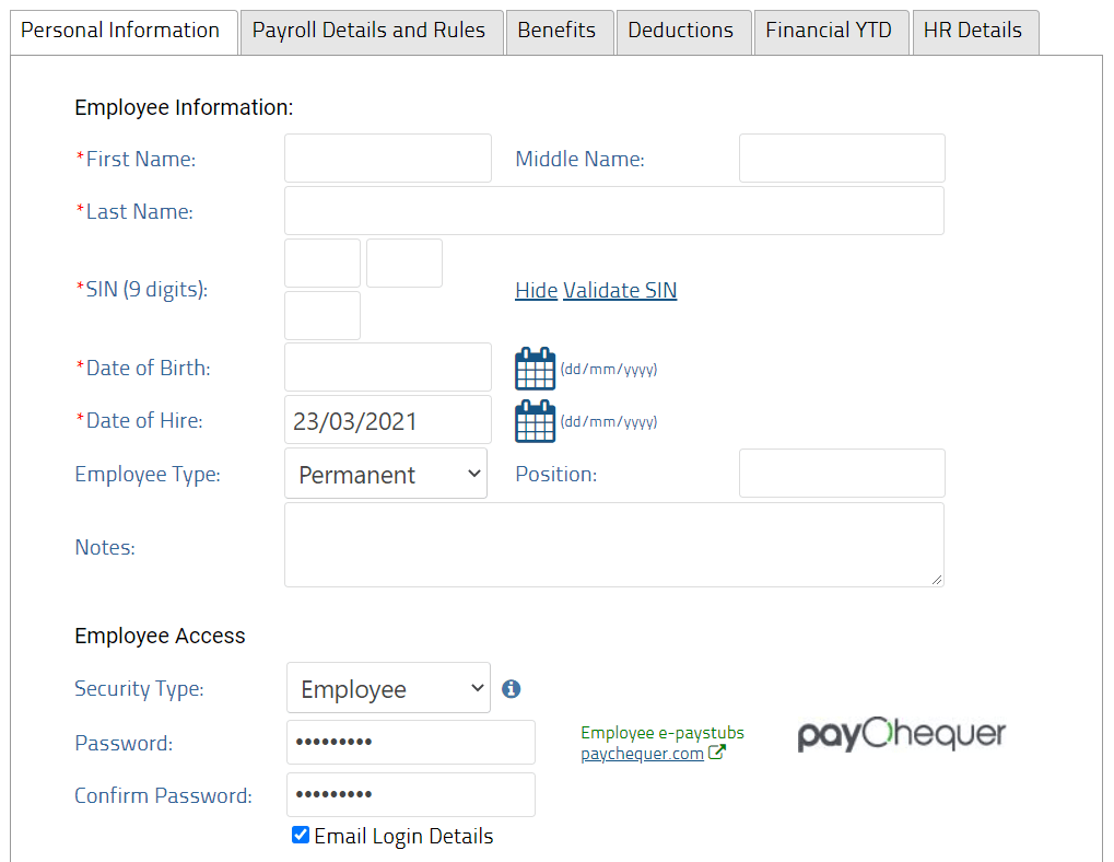 New Employee Personal Information Tab – PayEvo