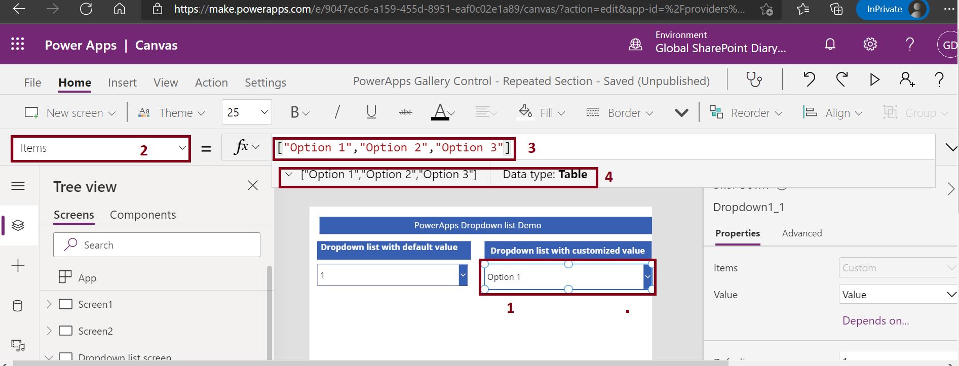 PowerApps dropdown items - Custom Options - Global SharePoint