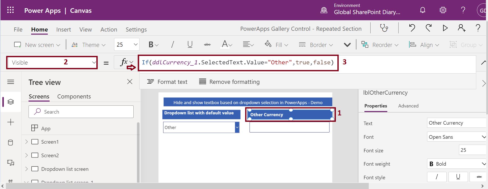 PowerApps show hide fields conditionally based on dropdown selection - O365 - Global SharePoint
