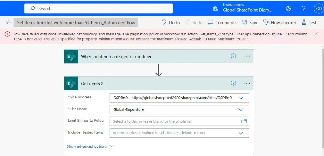 Fixed: Flow save failed with code 'InvalidPaginationPolicy' - configure threshold limit more ...