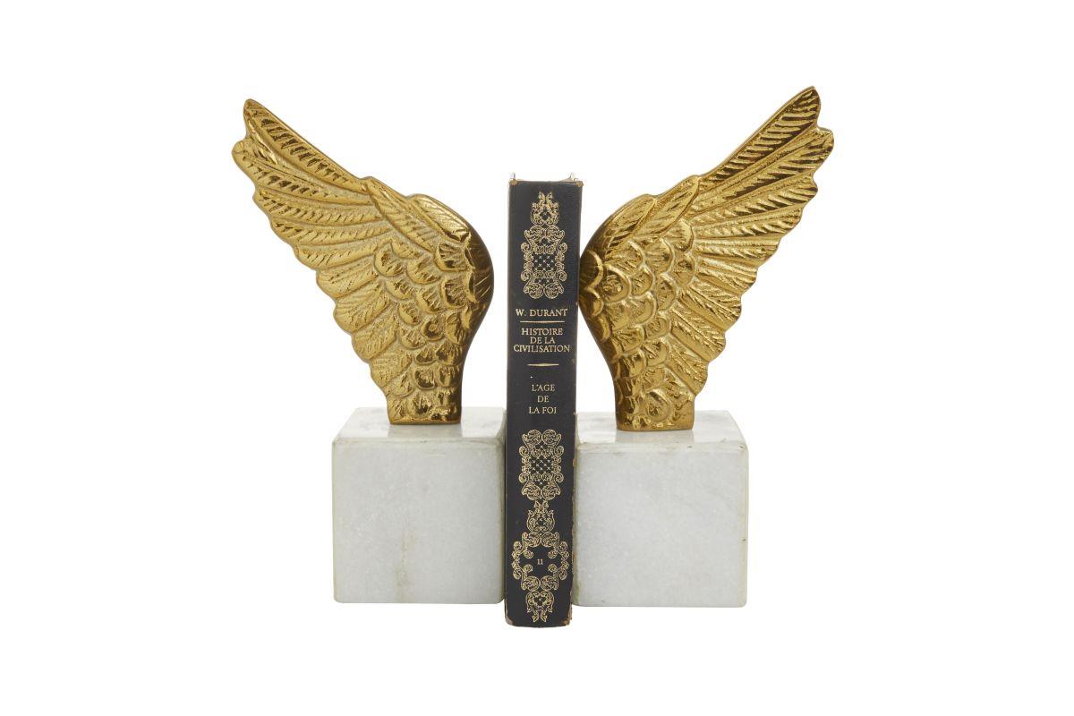 Luxury Gold Bird Wings Bookends on Marble Base 10" | Globedecor