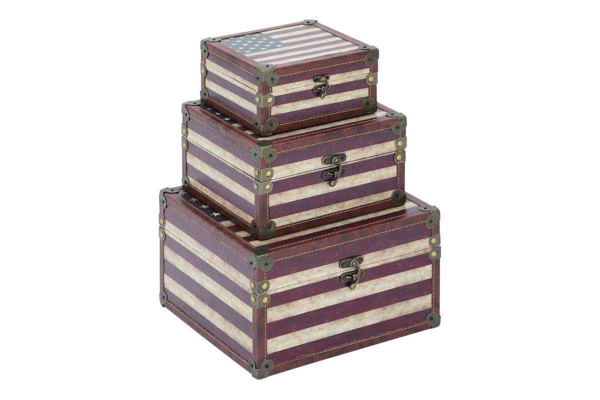 Square Wooden Box Keepsake Set of 3 American Flag Design | Globedecor