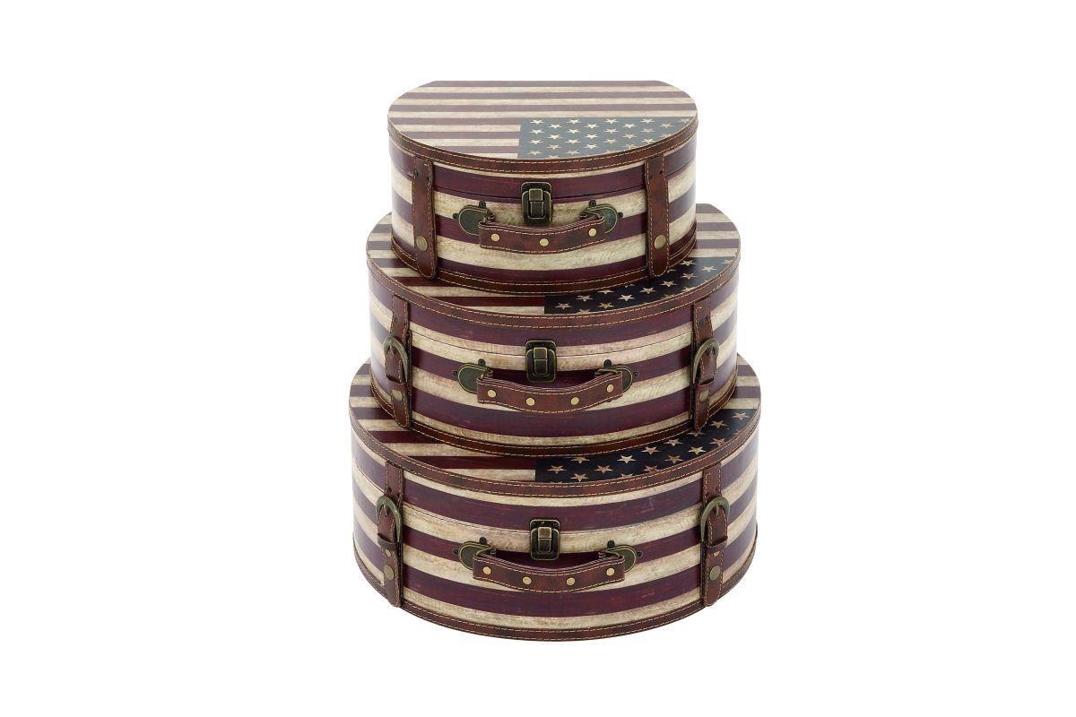 Round Wooden Box Keepsake Set of 3 American Flag Design | Globedecor
