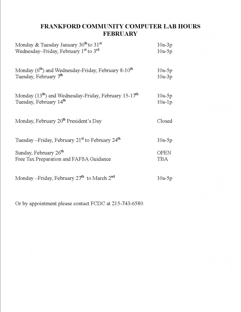 Frankford Community Computer Lab February Hours – Frankford Gazette
