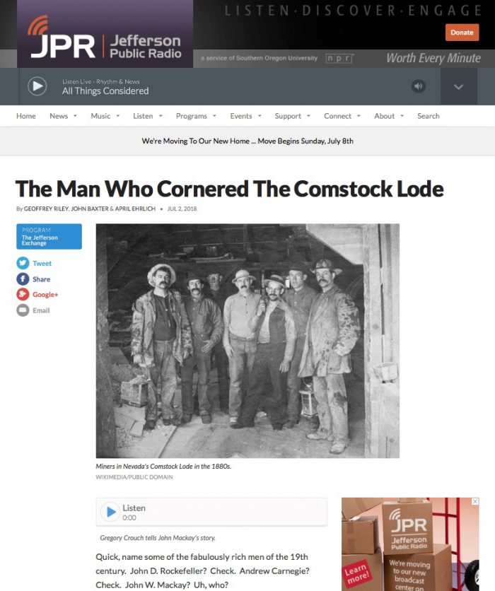 Interviewed about THE BONANZA KING for NPR’s Jefferson Exchange – Gregory Crouch