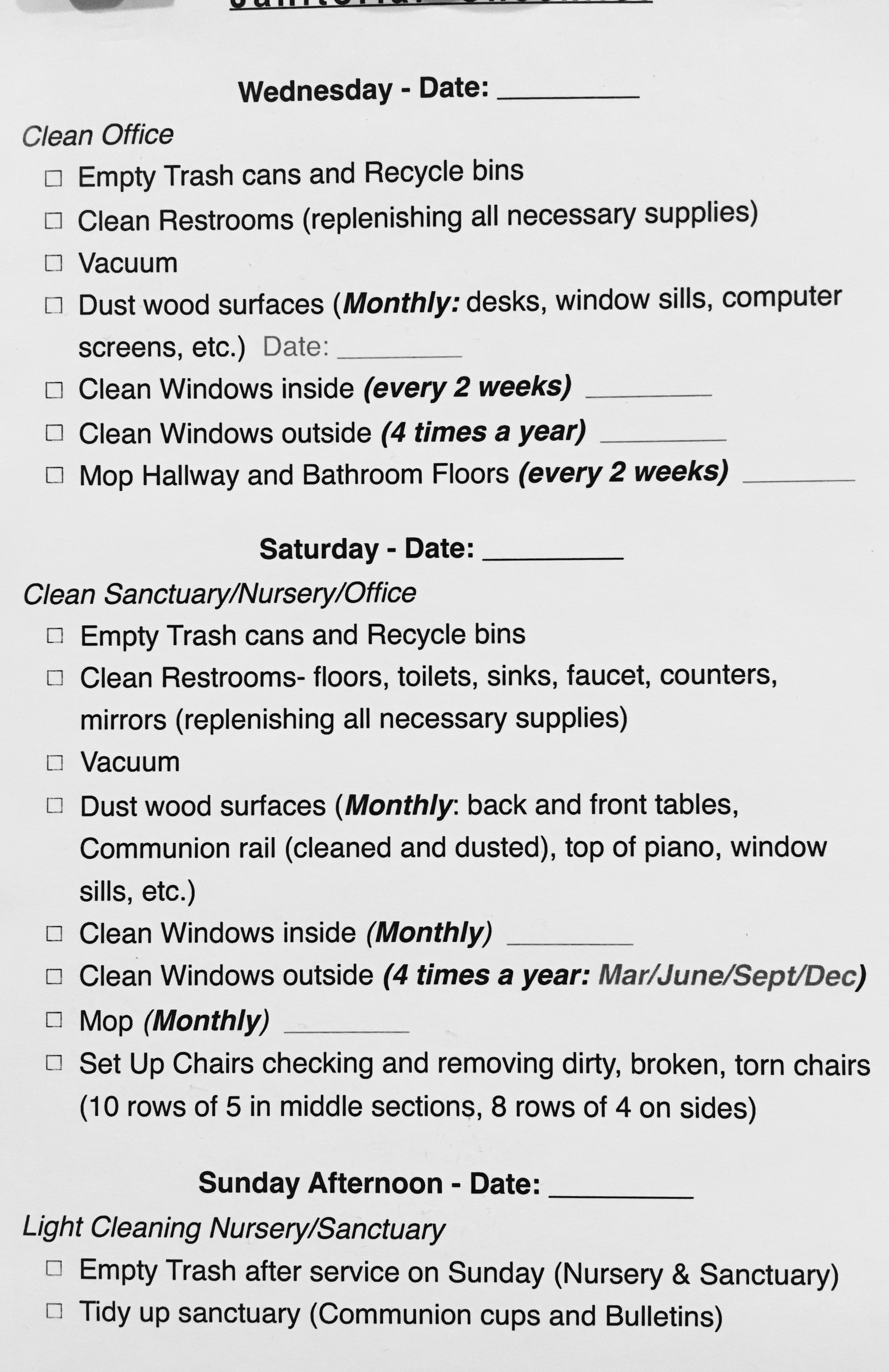 Janitorial Checklist – Good Shepherd Presbyterian Church