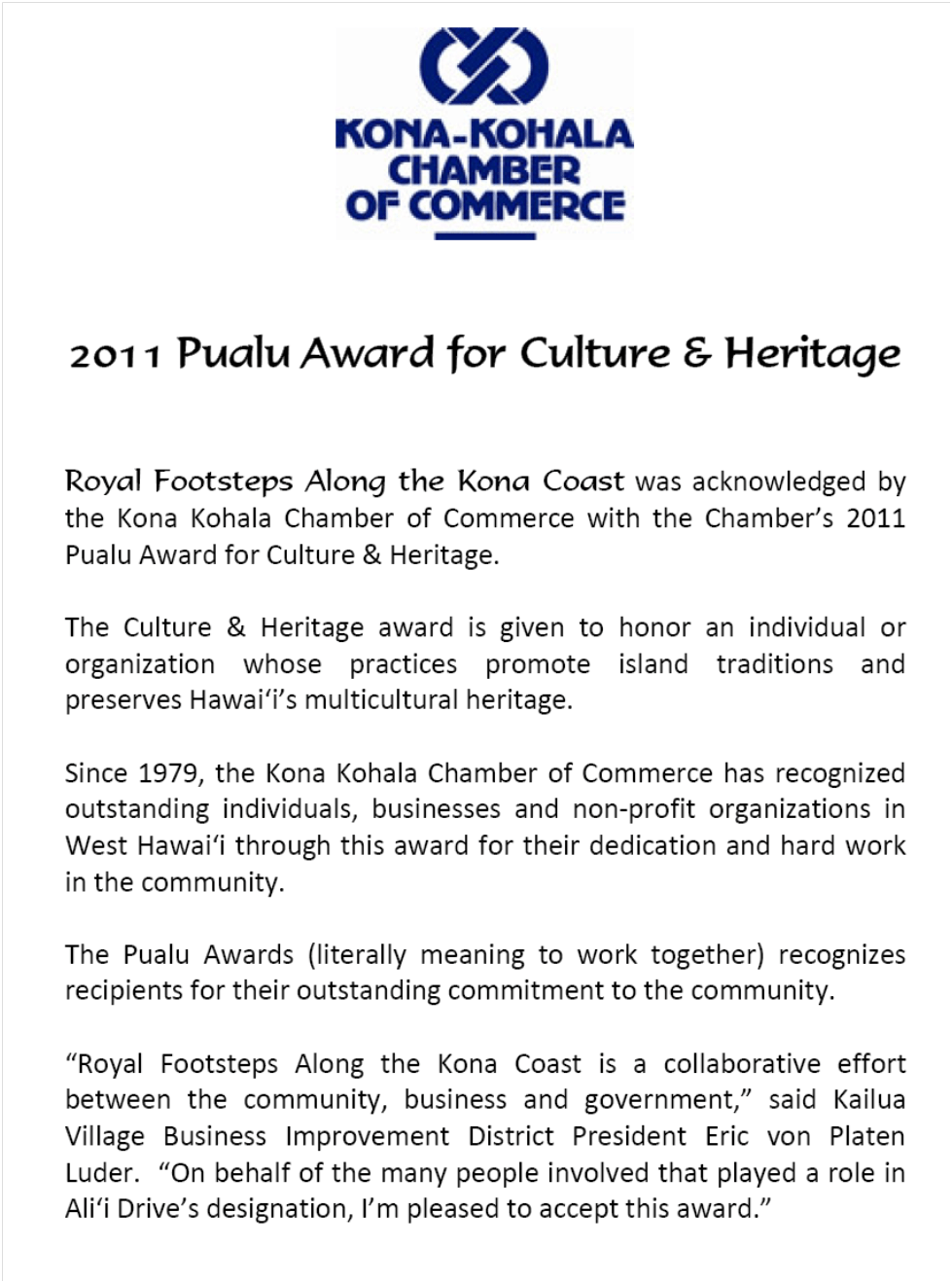 2011 Pualu Award for Culture & Heritage | Hoʻokuleana LLC