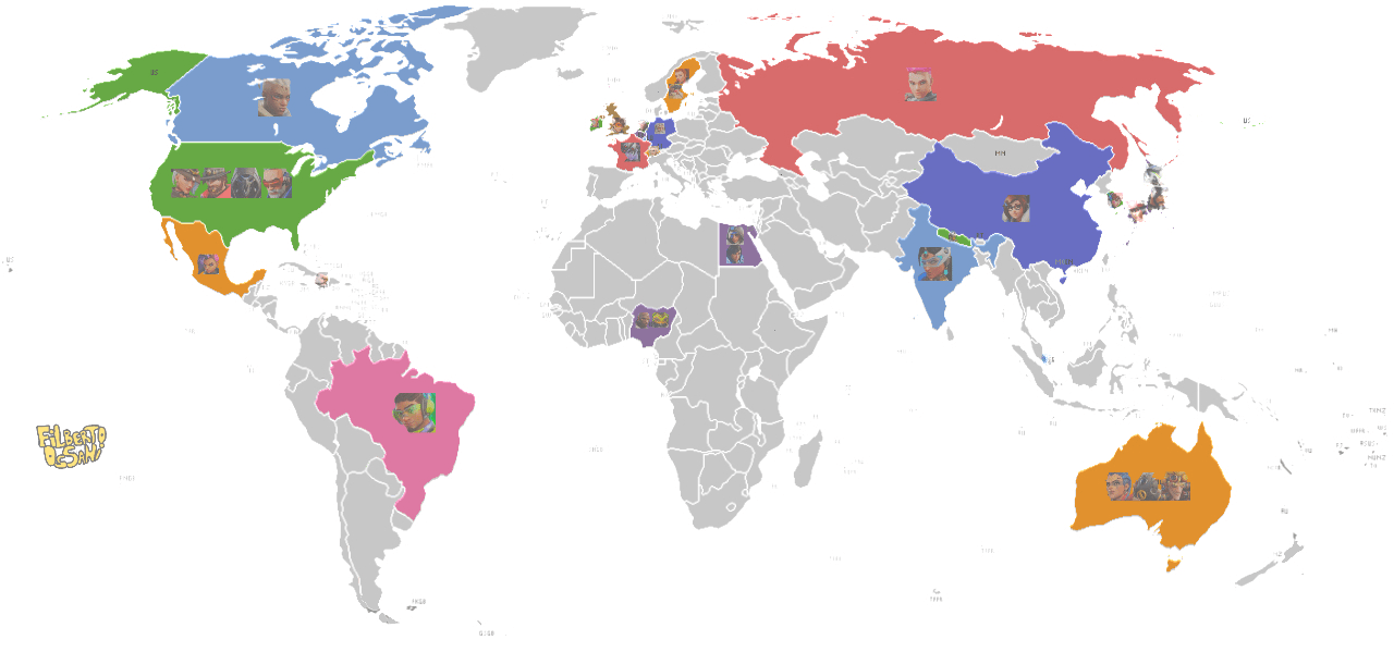 Map of the world but countries with their Overwatch2 heroes are colored ...