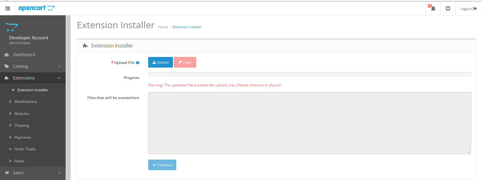 php OpenCart extension installer showing uploaded file exceeds the upload_max_filesize directive ...
