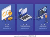 Three Vertical Programming Coding Development Isometric Stock Vector