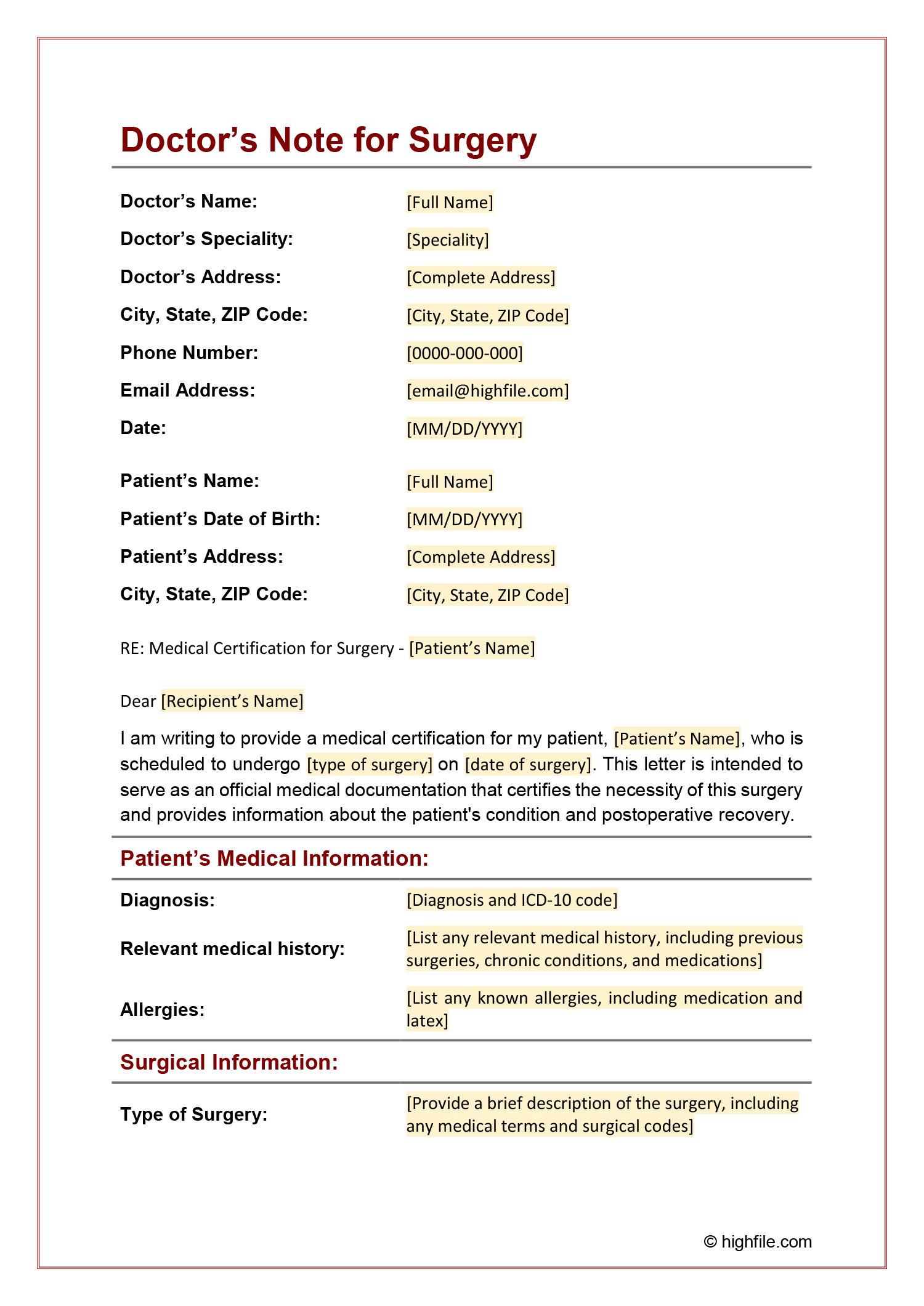 Doctors Note For Surgery Word Pdf Google Docs Highfile