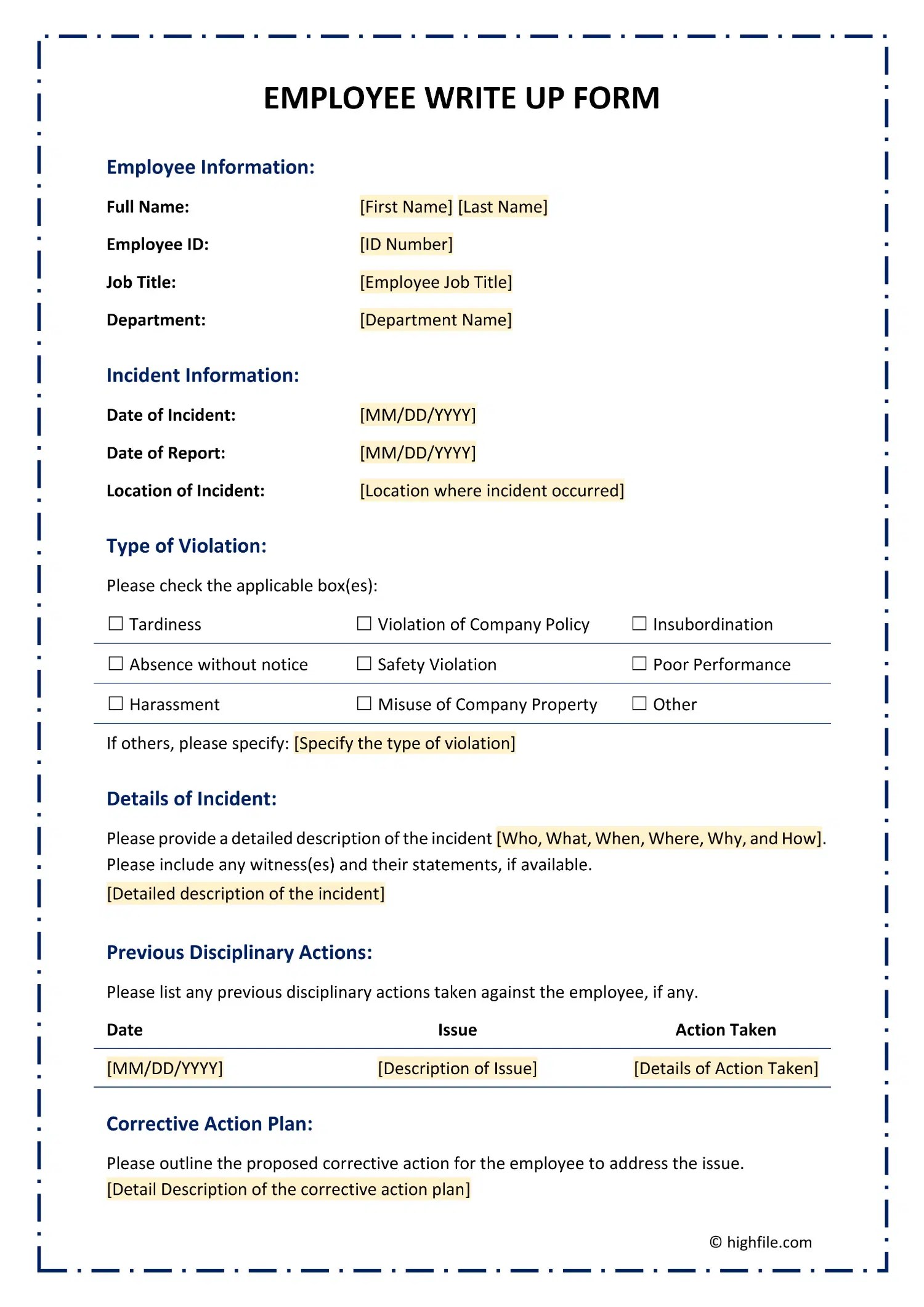 Medical Employee Write Up Form