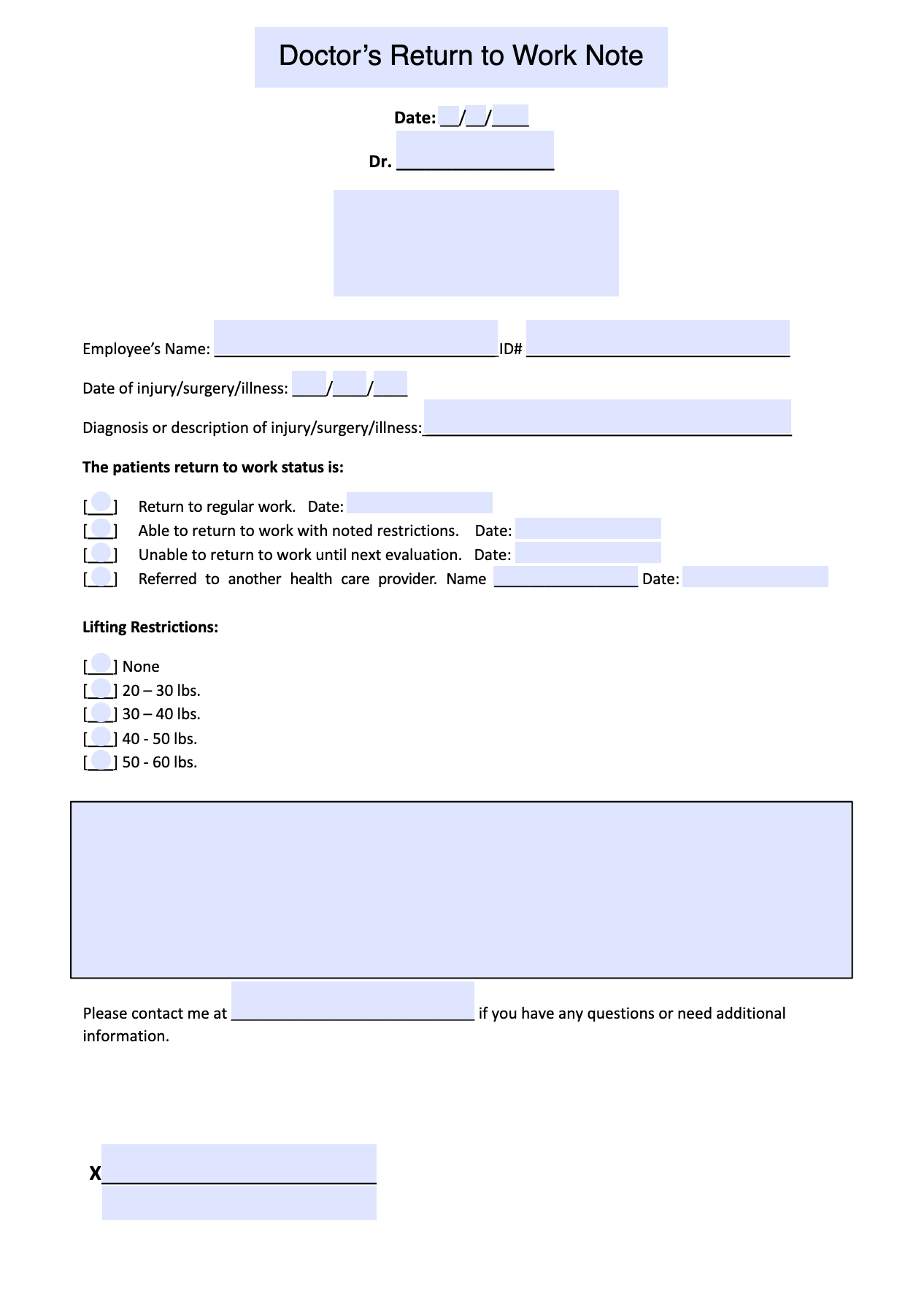 Doctor S Return To Work Note Template Word Google Docs Pdf