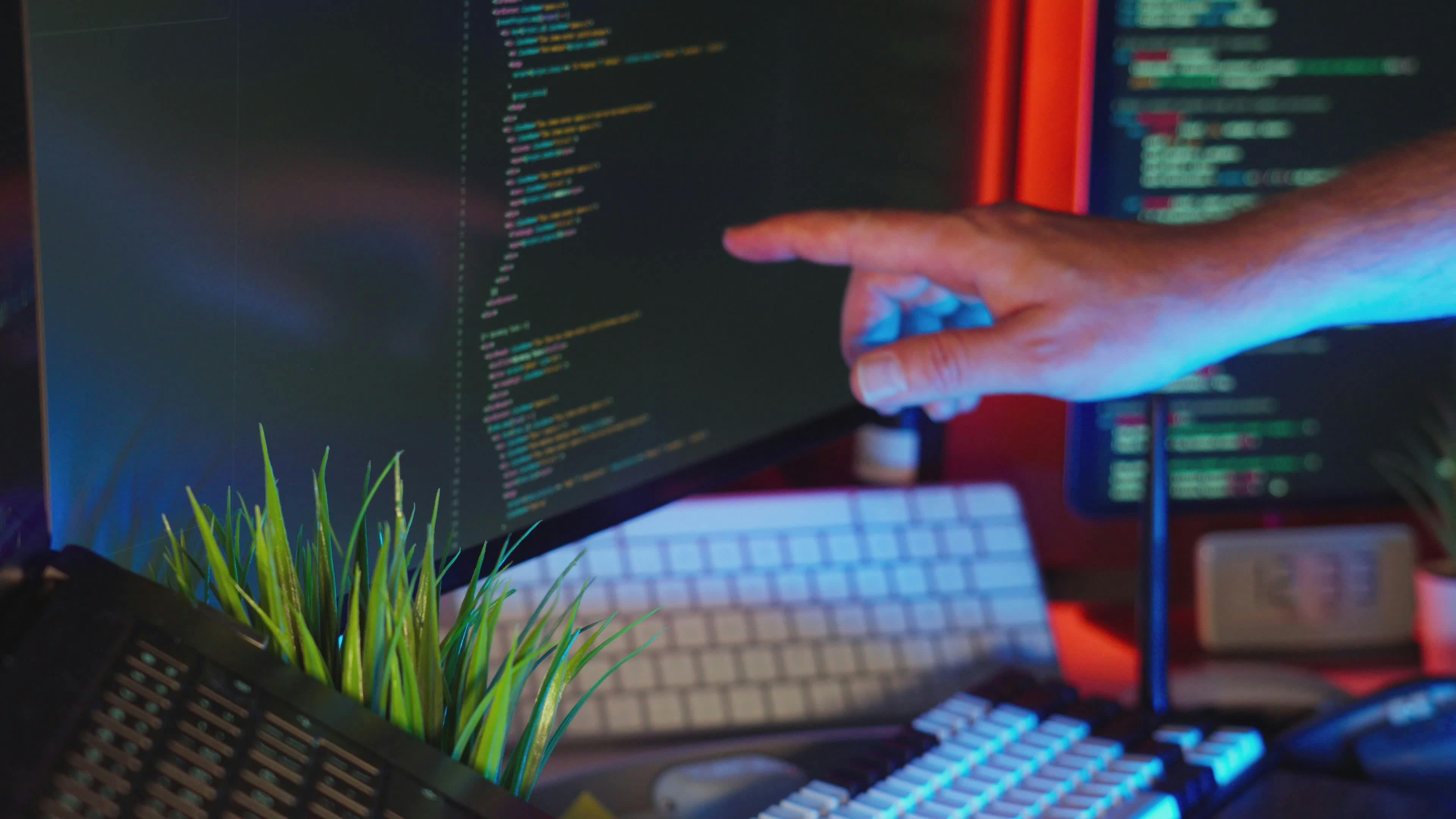 Modern Desktop Coding Setup With Neon Glow Free Stock Video Footage