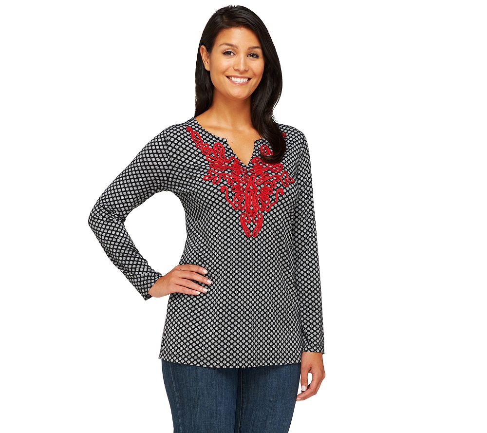Susan Graver Liquid Knit Printed Long Sleeve Tunic W/ Embellishments ...