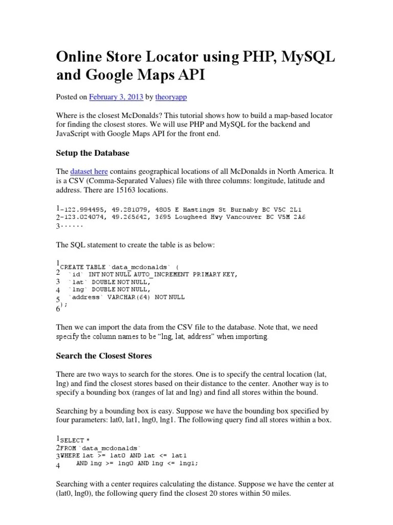 Online Store Locator Using Php Mysql And Google Maps Api Pdf Comma