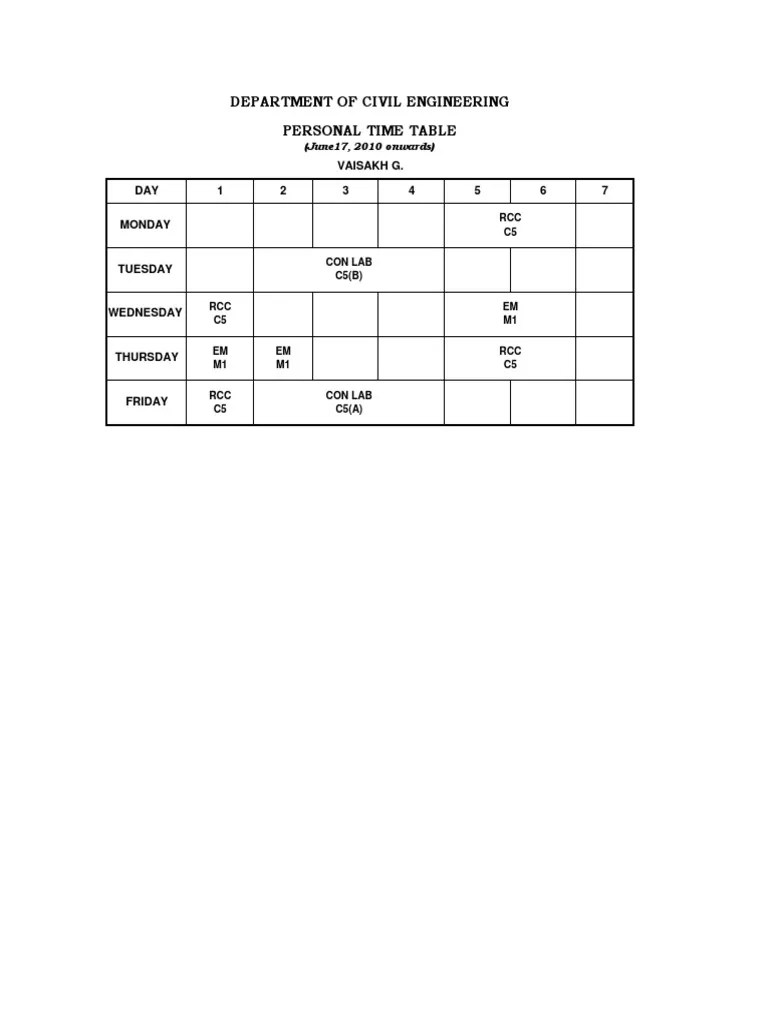 Civil Engineering Timetables Pdf