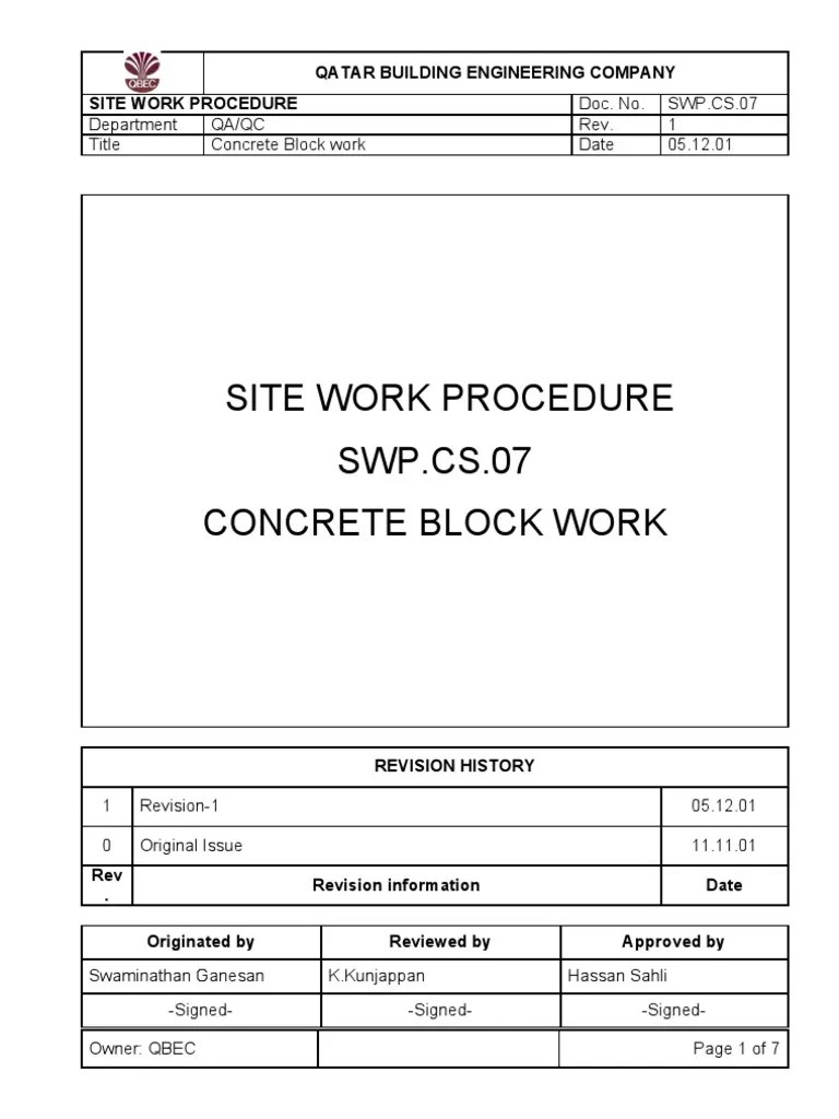 Block Work Method Statement Pdf Mortar Masonry Cement