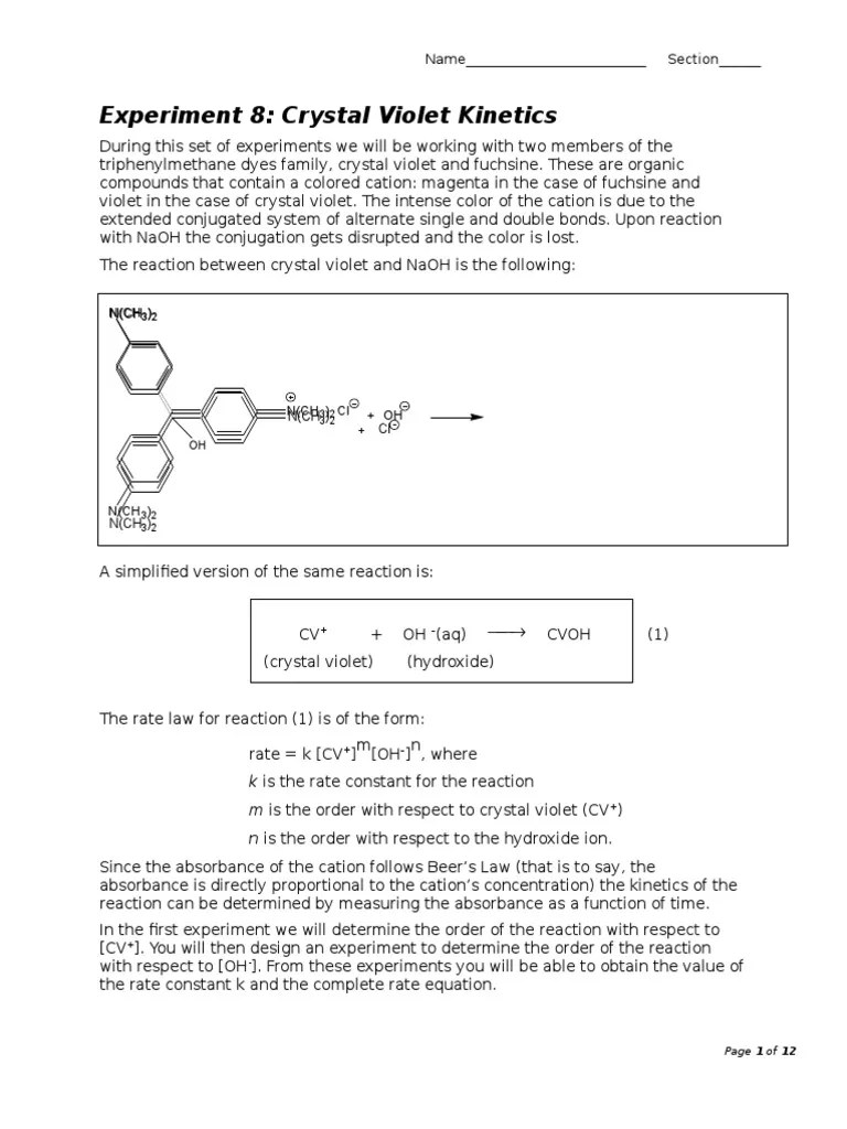 Crystal Violet Kinetics With Naoh Pdf Sodium Hydroxide Logarithm