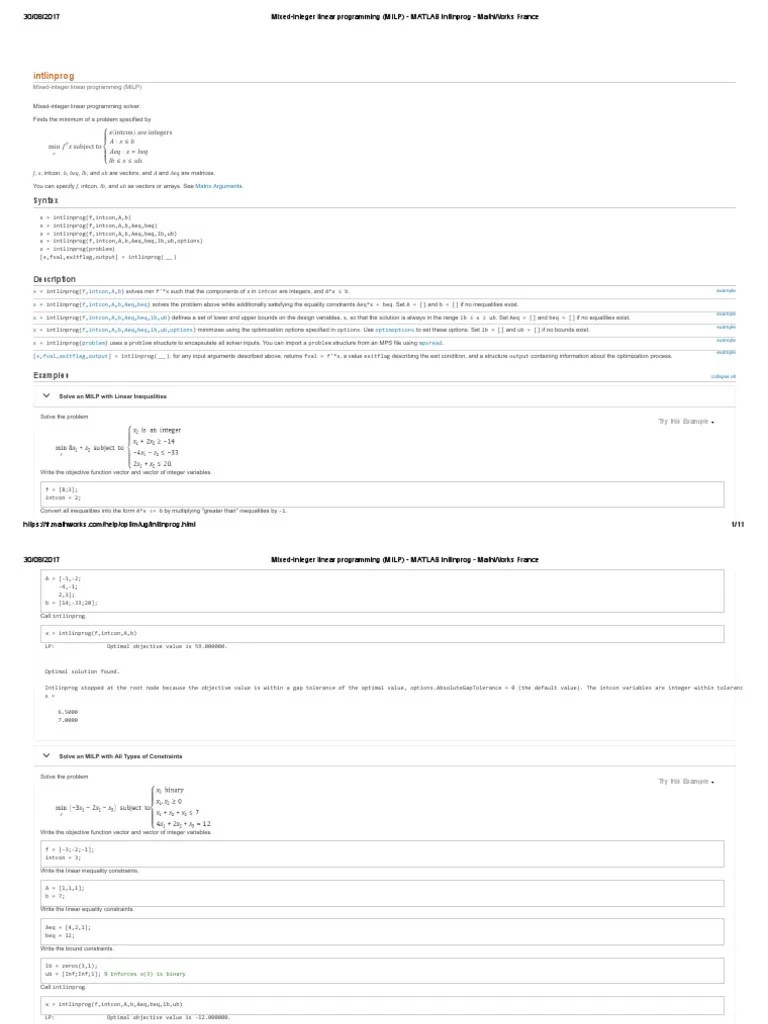 Mixed Integer Linear Programming Milp Matlab Intlinprog Mathworks