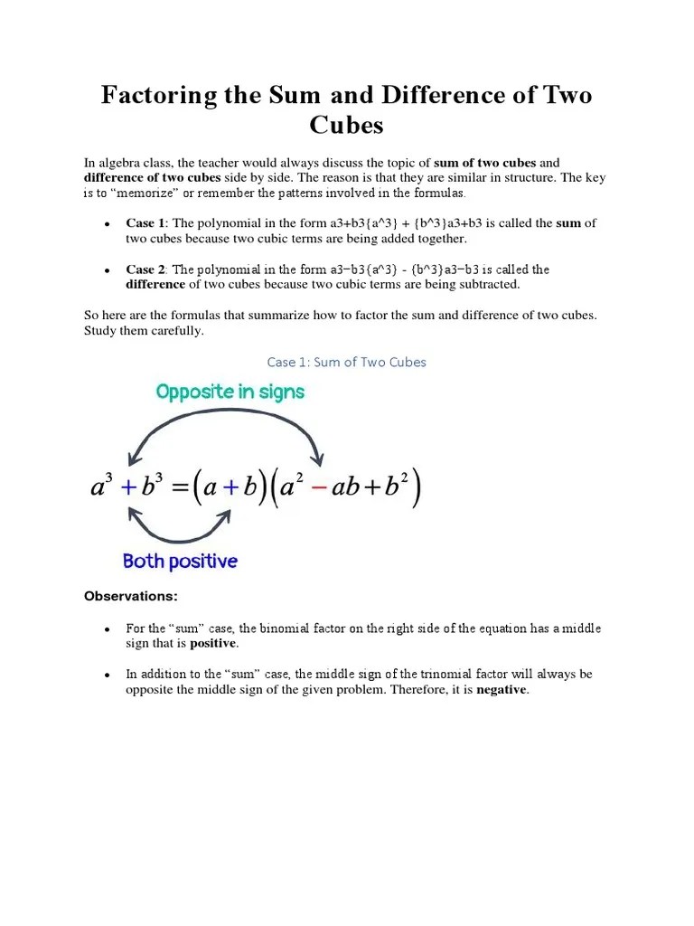 Factoring The Sum And Difference Of Two Cubes Aaaa Pdf