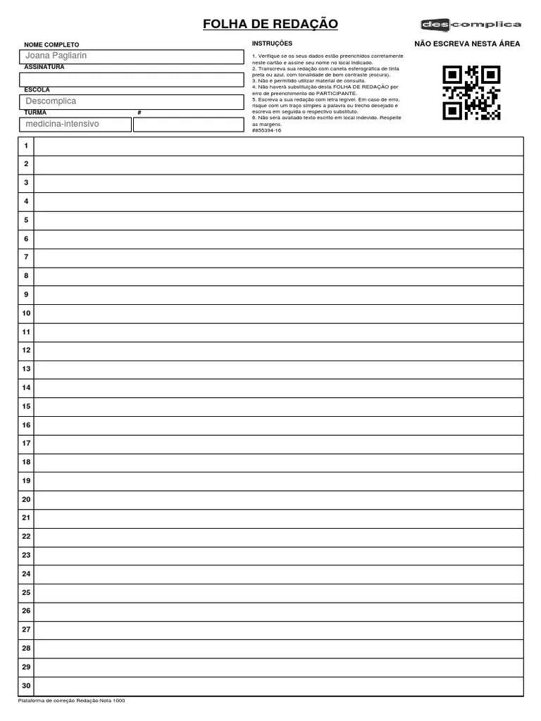 Folha Modelo De Redação ENEM - DESCOMPLICA | PDF