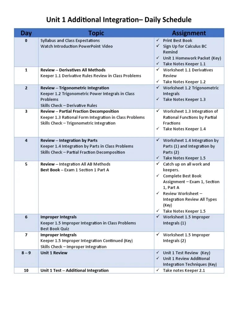 Calculus Bc Integration Schedule Pdf Worksheet Integral