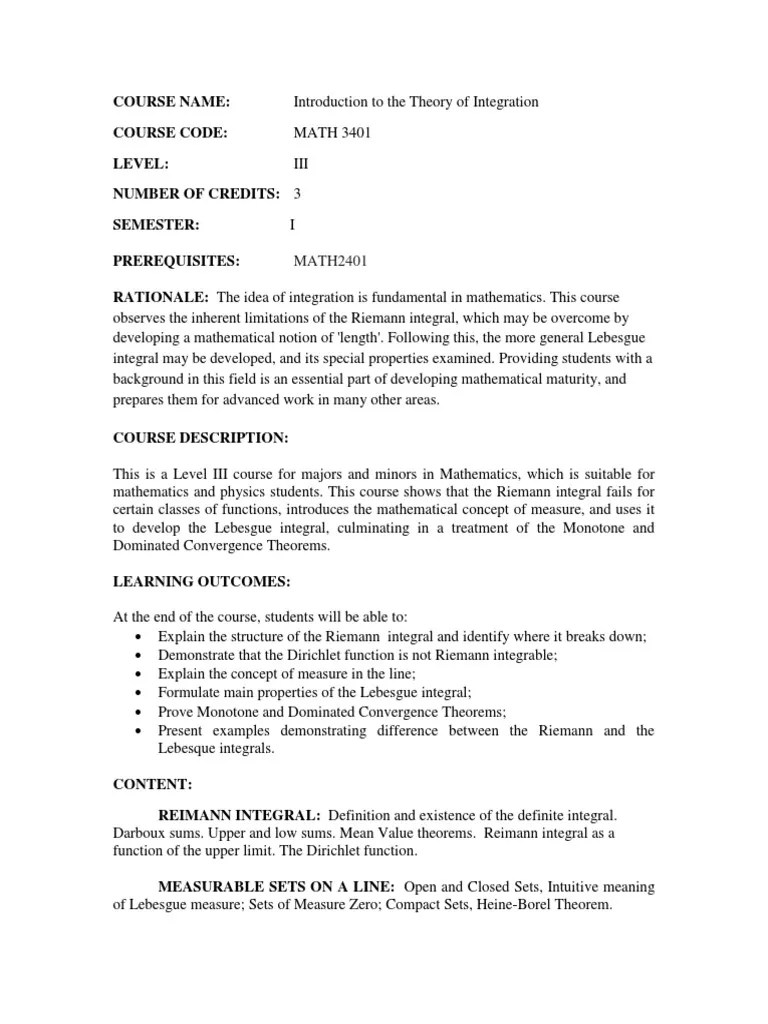 Math 3401 Pdf Lebesgue Integration Integral