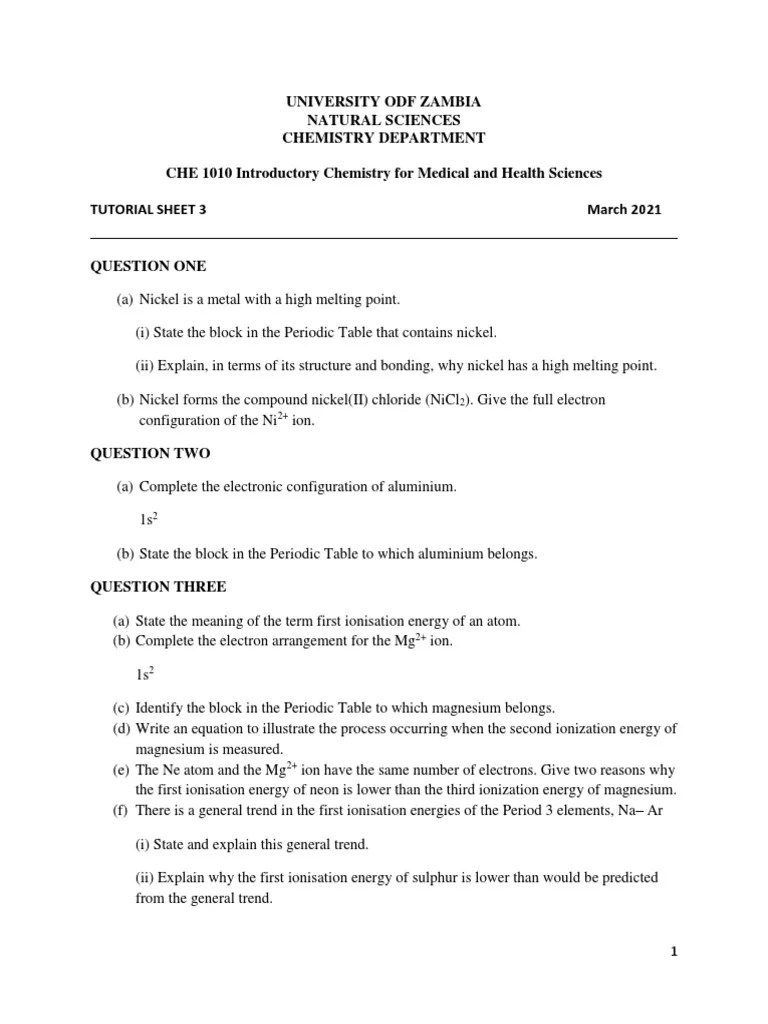 Che 1010 Tutorial Sheet 3 Pdf Chemical Bond Electromagnetic Radiation
