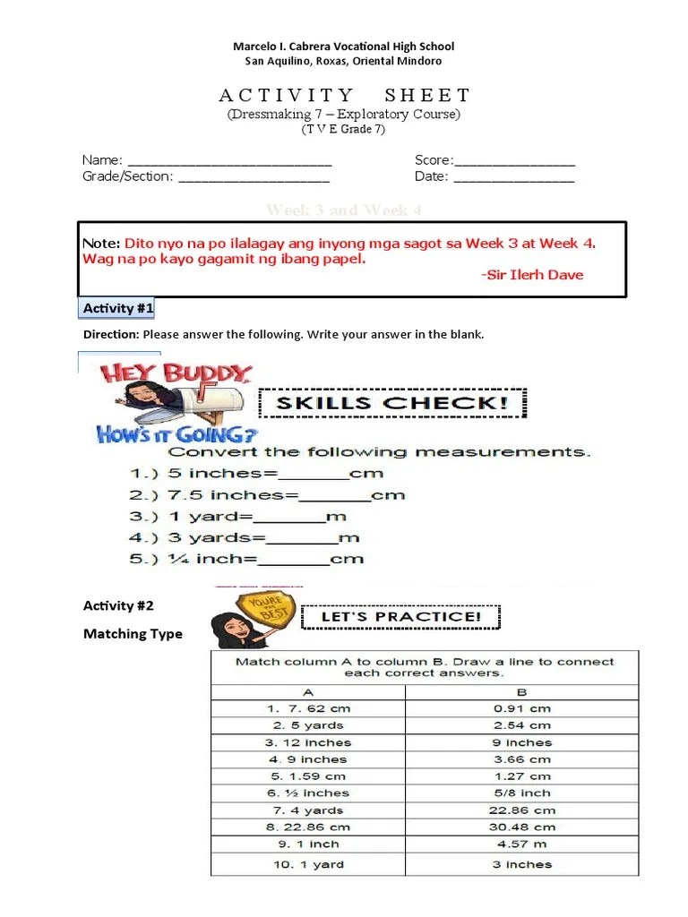 Activity Sheets Grade 7 Week 3 And 4 Pdf